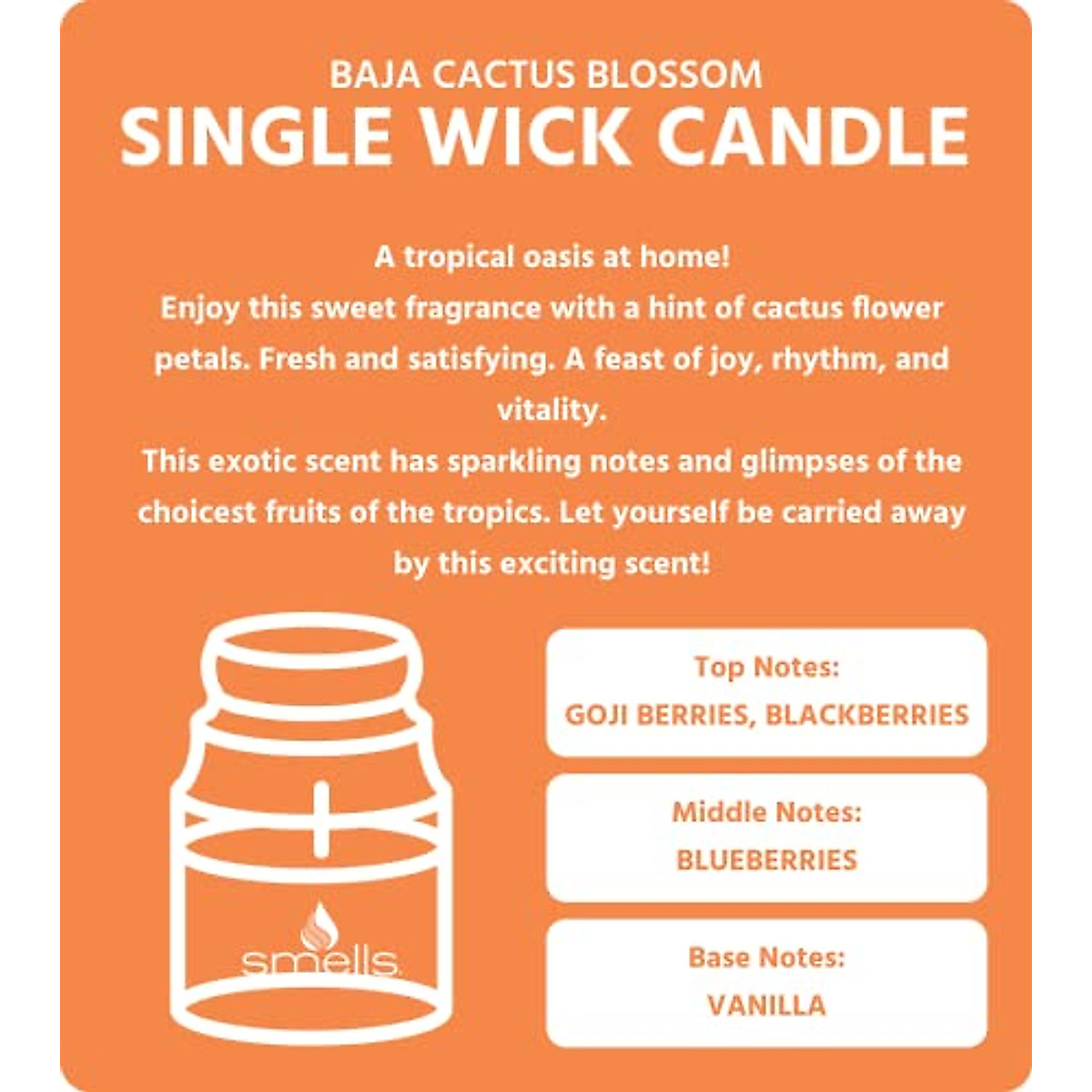 Smells - Premium Soy Wax Large Jar Scented Candle 16oz. - 100% Cotton Single Wick - Fragrance That Eliminates Home and Office Odors: Food, Pets, Smoke and Others (1-Pack, Cactus Blossom)