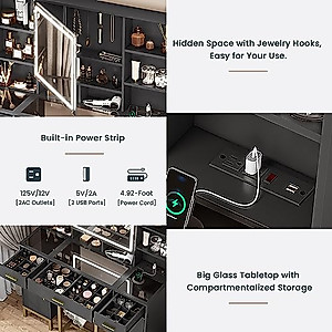 AOGLLATI Makeup Vanity Set with Lights in 3 Colors,Vanity Desk with Mirror and Lights & Charging Station, Black Vanity with Big Glass Desktop,Compartment Storage,Hidden and Open Storage Shelves(Black)