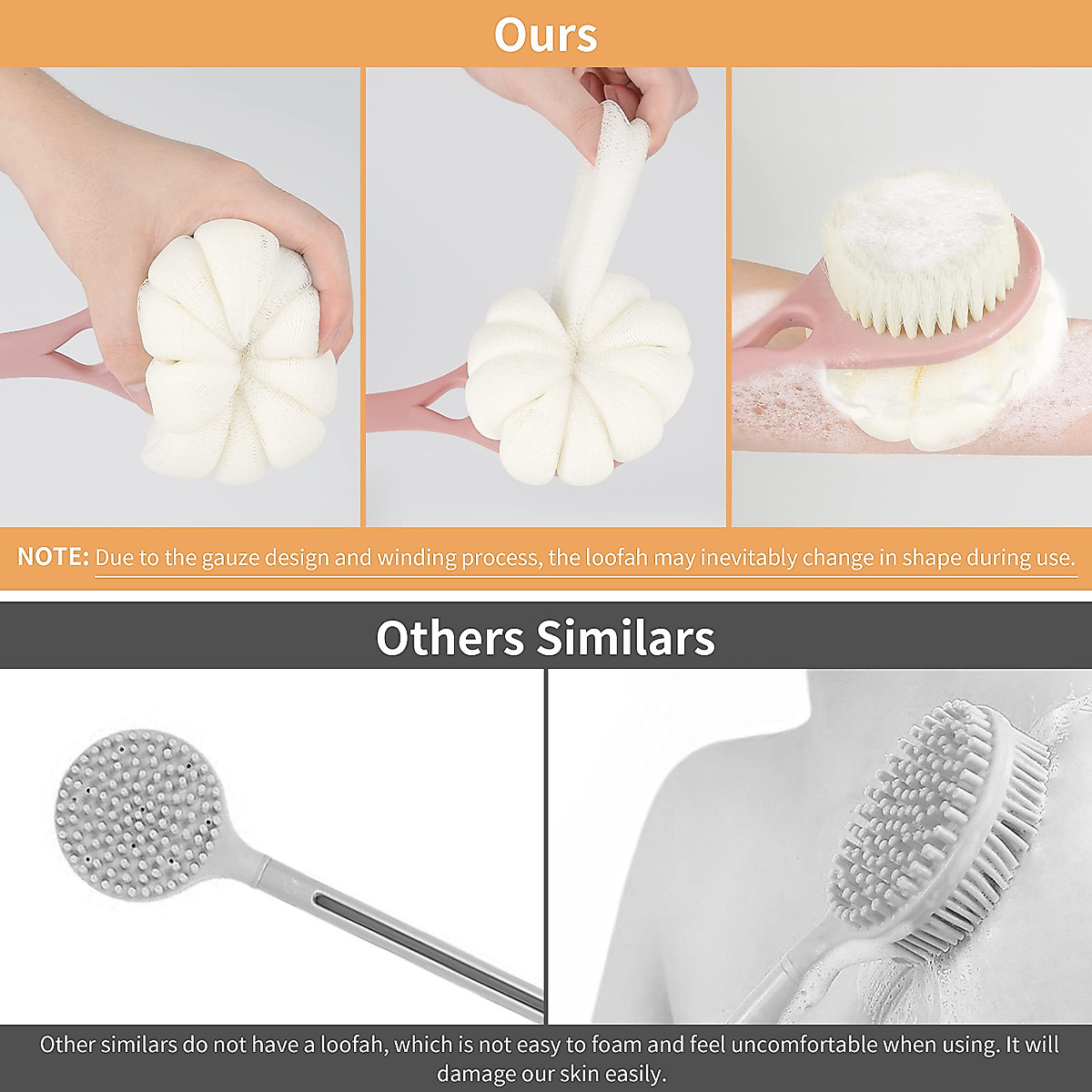 Shower Brush with Bristles and Loofah,Frosted Bath Net Sponge with 15 Inch Handle for Back Scrubber Body Exfoliator,Shower Body Brush for Wet or Dry Brushing,Pink