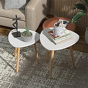 Lifetime Home Modern Semi-Nesting Table with Wooden Legs Set of 2 - Triangle Side Table for Living Room, Bedroom, Apartment & Small Spaces - Minimalist Bamboo Nested Coffee End Table - White