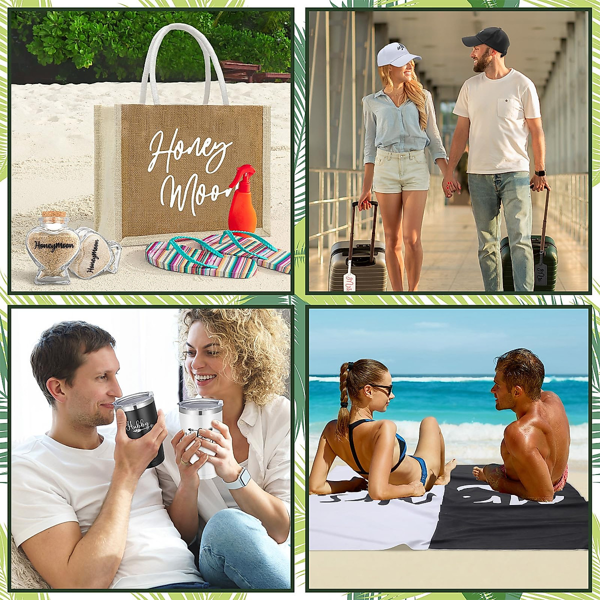 Rtteri 14 Pieces Wedding Gifts for Couple Mr and Mrs Honeymoon Gifts Bride and Groom Gifts Include Wedding Towels 20 oz Wine Tumbler Hat Passport Holder Baggage Tag Glass Bottle Honeymoon Tote Bag