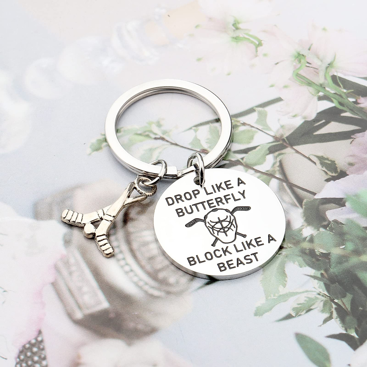 MYOSPARK Ice Hockey Goalie Quotes Keychain Gift Drop Like A Butterfly Block Like A Beast Inspirational Gift for Ice Hockey Players (Drop Like Butterfly KC)