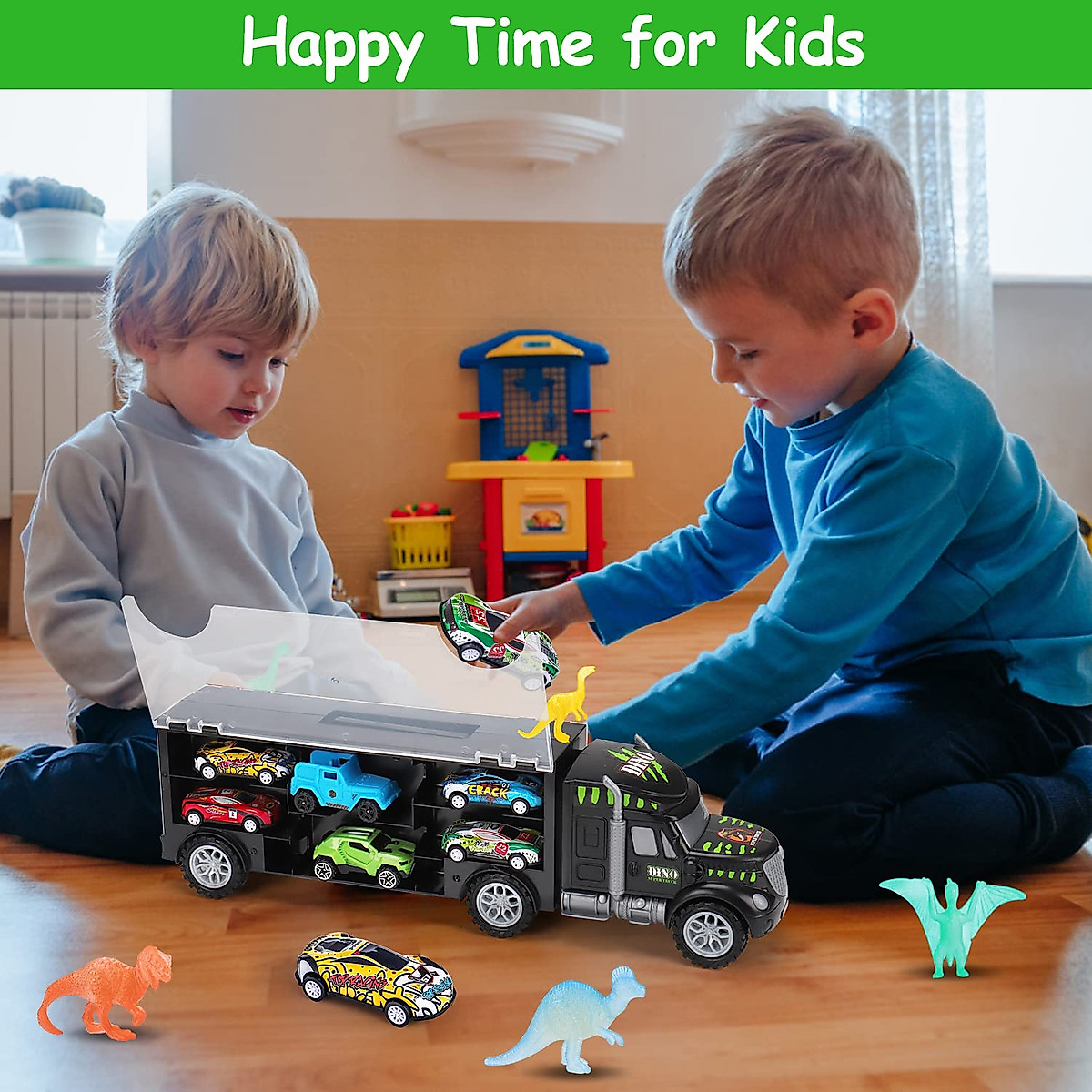 Transport Truck and Car Toys for 3 4 5+ Year Old Boys Birthday Gifts Carrier Truck Vehicle Toddler Boy Toys Age 3-4 4-7 Dinosaur Toys for Kids 3-5 5-7 with Glowing Dino Figures Boy Presents
