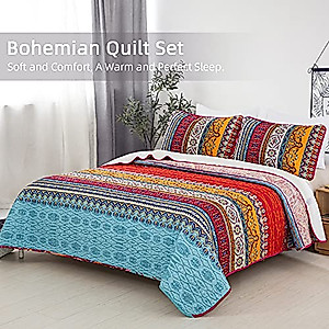 WONGS BEDDING Bohemian Quilt Set California King, Boho Striped Pattern Printed Quilt Coverlet for All Season, Soft Microfiber Boho Bedspread Set 96"x106"(3 Pieces, Cal King)