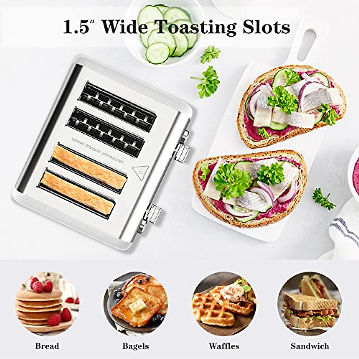 Toaster 4 Slice,1.5"Extra Wide Slot Stainless Toaster with Bagel Defrost Cancel Function, Dual Screen, Removal Crumb Tray (White)