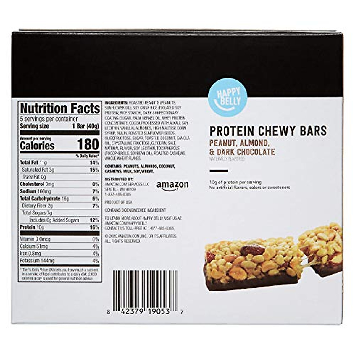 Amazon Brand - Happy Belly Protein Chewy Bars, Peanut Butter & Dark Chocolate, 30 Count (6 Packs of 5)
