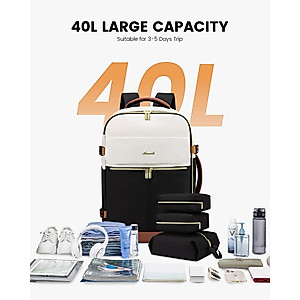 LOVEVOOK Travel Backpack for Women, TSA Carry On Backpack Flight Approved Luggage, 40L Water Resistant Personal Item Daypack Large Weekender Bag fit 17 inch Laptop with 3 Cubes, Beige-black-brown