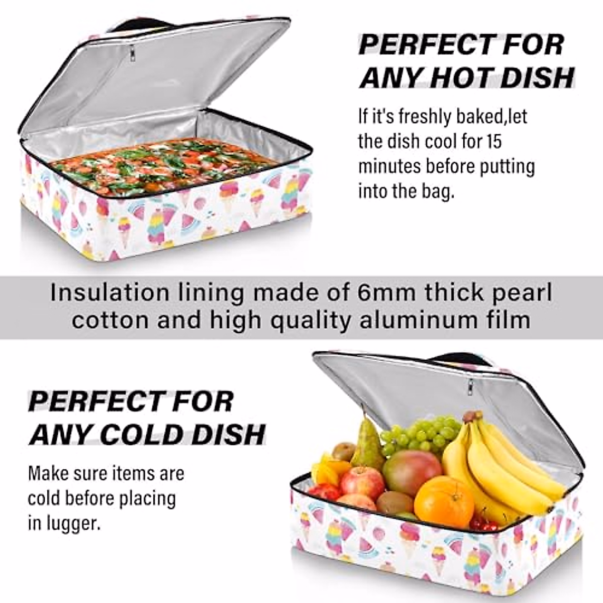 Kcldeci Insulated Thermal Food Carrier Insulated Casserole Carrier for Hot or Cold Food,Ice Cream Summer Popsicle Strawberry Insulated Tote Bag for Potluck Cookouts Parties Picnic,Lasagna Lugger