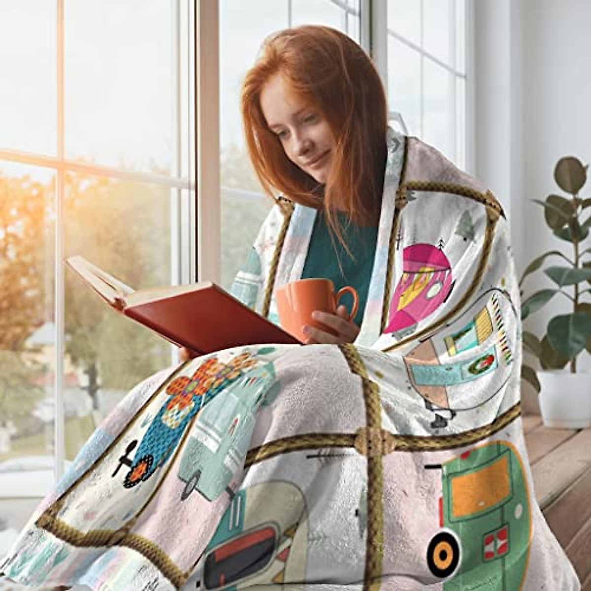 Happy Camper Decor Blanket Camping Bus Throw Blanket Soft Warm Camp Bedding for Adults Teens Couch Sofa 50" X 60" Yellow