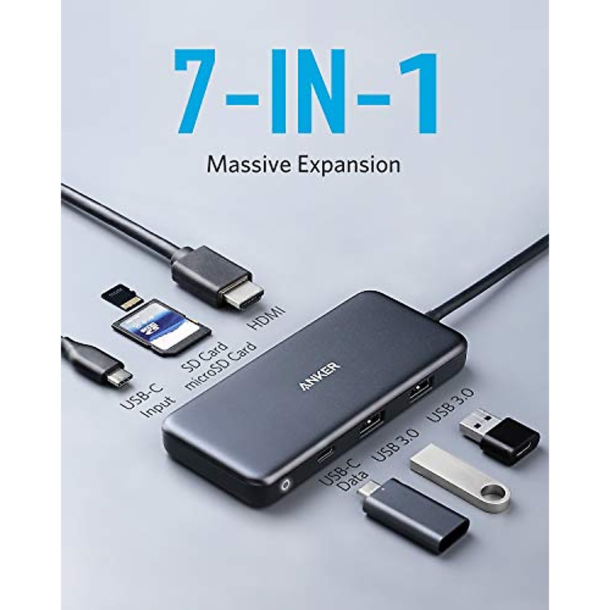 Anker USB C Hub, 341 USB-C Hub (7-in-1) with 4K HDMI, 100W Power Delivery, USB-C and 2 USB-A 5 Gbps Data Ports, microSD and SD Card Reader, for MacBook Air, MacBook Pro, XPS, and More