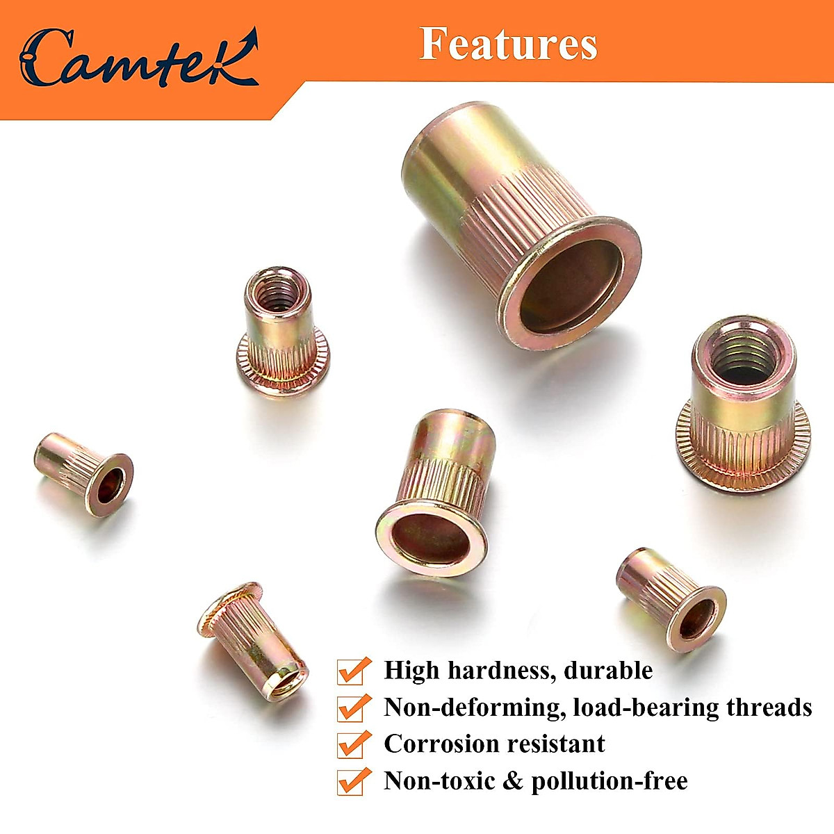 Camtek 325PCS Rivet Nut Kit, #8-32#10-24 5/32"-32UNC 1/4''-20UNC 5/16''-18UNC 3/8''-16UNC 1/2"-13UNC Zinc Plated Carbon Steel Flat Head Rivnut Threaded Insert Rivet Nuts Assortment Set