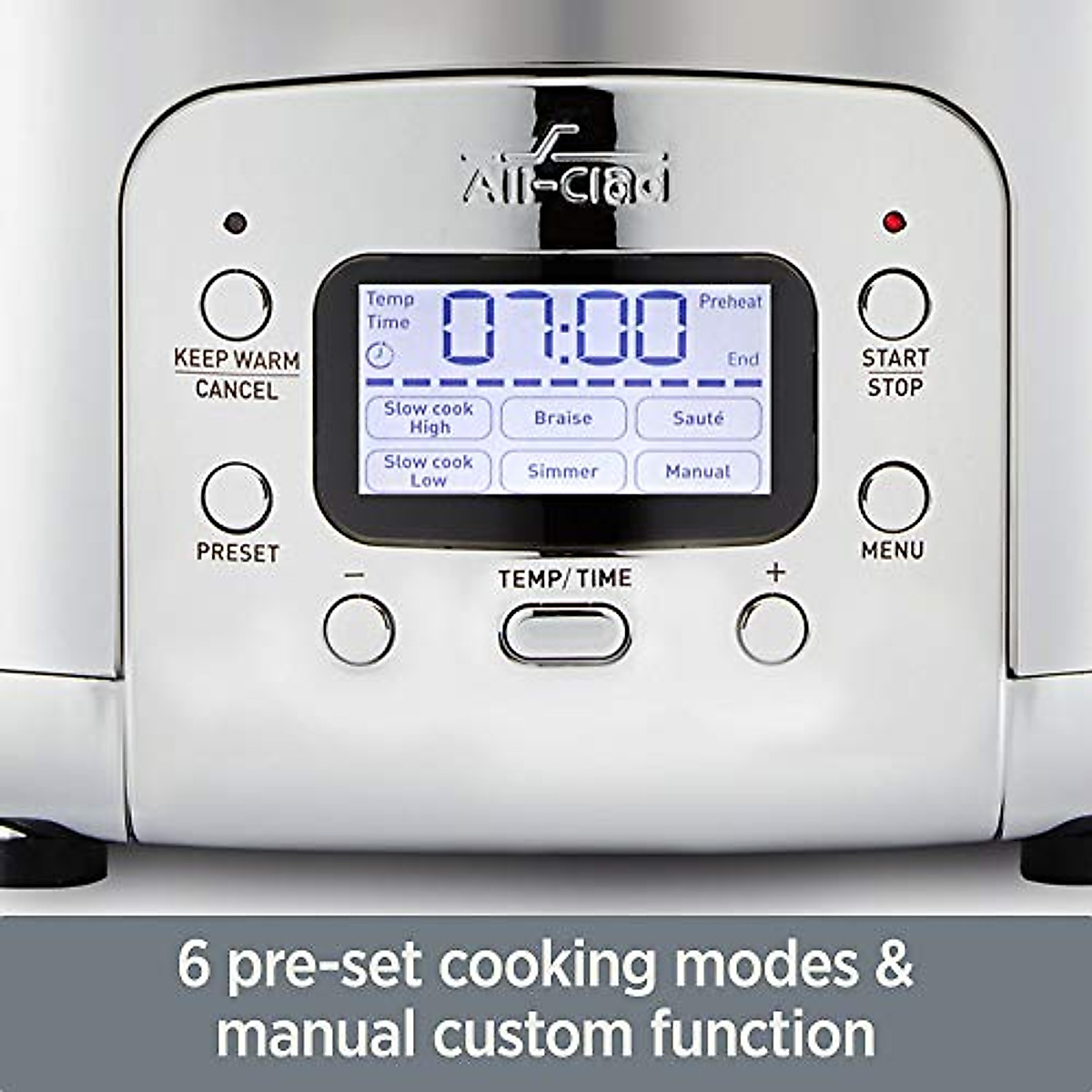 All-Clad Electrics Stainless Steel and Cast Iron Slow Cooker 5 Quart 7-in-1 Slow Cook High/Low, Braise, Sauté, Simmer, Manual, Keep Warm 1200 Watts Stove and Oven Safe Black Enamel Crock Insert