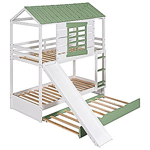 DEYOBED Twin Over Twin House Bunk Bed with Slide for Kids, Wooden Bunk Beds with Trundle for Girls Boys, Slide Playhouse Bed, White+Green
