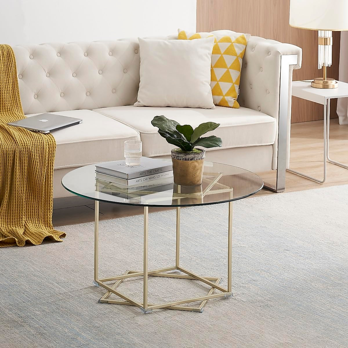 Round Coffee Table Glass Coffee Tables for Living Room Modern Gold Metal Steel Frame & Protective Foot Pads Small Coffee Table for Small Space Home Office Bedroom