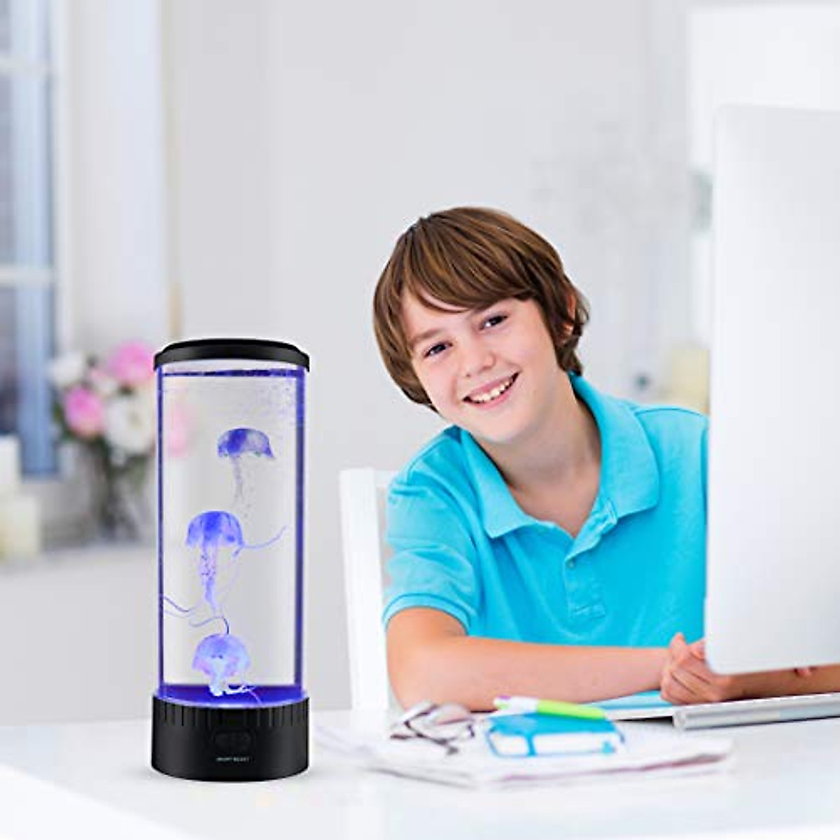 SensoryMoon Large LED Jellyfish Lava Lamp Aquarium - Electric Round Jellyfish Tank Mood Light with 3 Fake Glowing Jelly Fish, 20 Color Changing Remote, Ocean Wave Projector - Plug in Kids Night Light