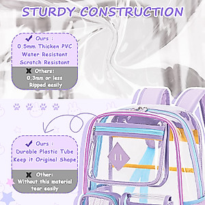PIG PIG GIRL Clear Backpack for School,Heavy Duty PVC Transparent Bookbag for Girls Stadium Approved See Through Backpack for Women for College Work Travel Festival,Purple and Blue