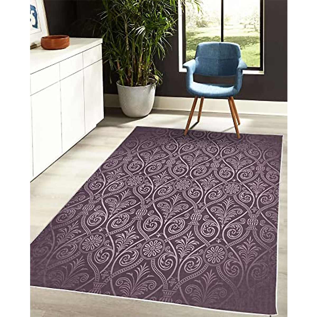 Lunarable Damask Decorative Rug, Antique Baroque Pattern Mild Gothic Victorian Style Repeated Curly Motifs, Quality Carpet for Bedroom Dorm and Living Room, 5' 1" X 7' 5", Plum Lilac