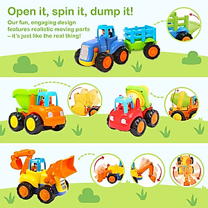 IQ Toys 4 Pack Friction Powered Cars Construction Vehicles for Toddlers, with Car Tractor, Bulldozer, Dumper and Cement Mixer Truck