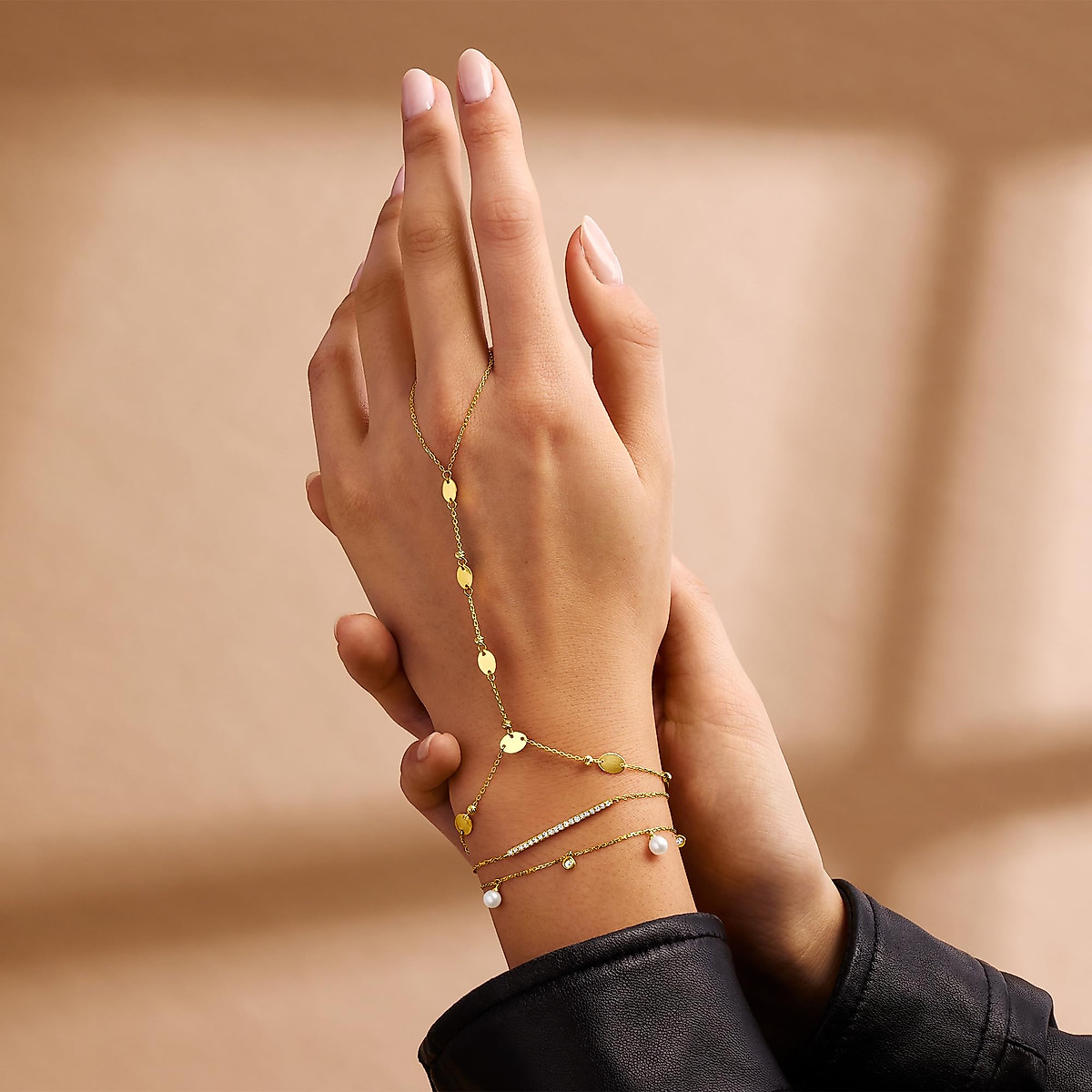 RS Pure by Ross-Simons 14kt Yellow Gold Disc Station Hand Chain Bracelet. 7 inches