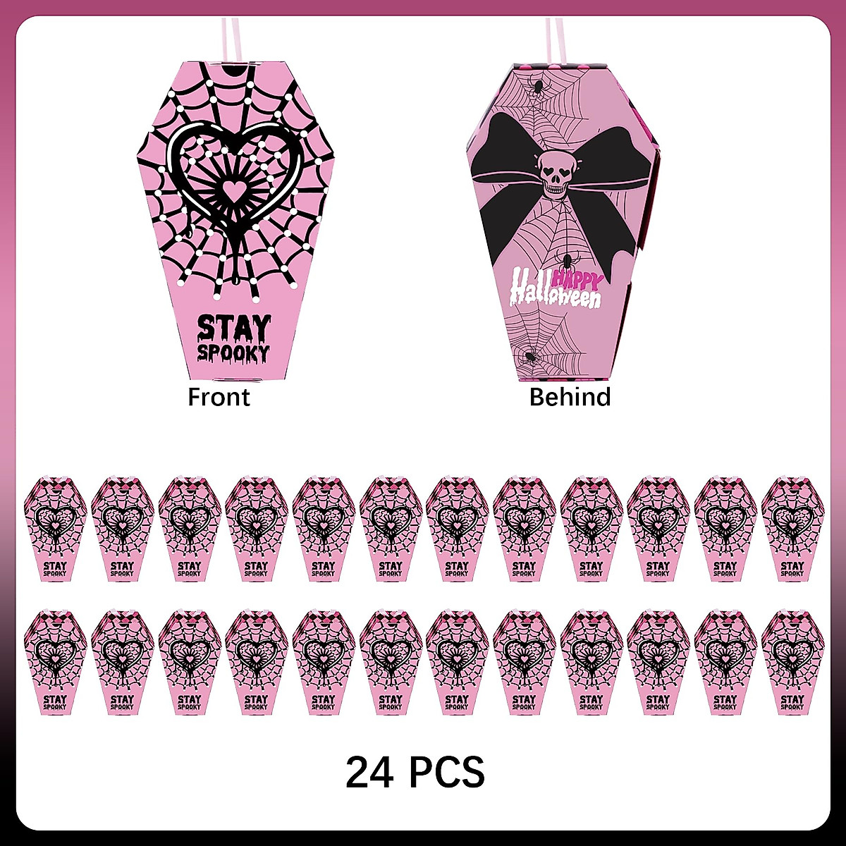 HOMEZZO 24 Pcs Pink Spider Web Coffin Boxes, Spooky Goth Black Conquette Halloween Coffin Paper Candy Treat Gift Boxes for Halloween Party Decorations