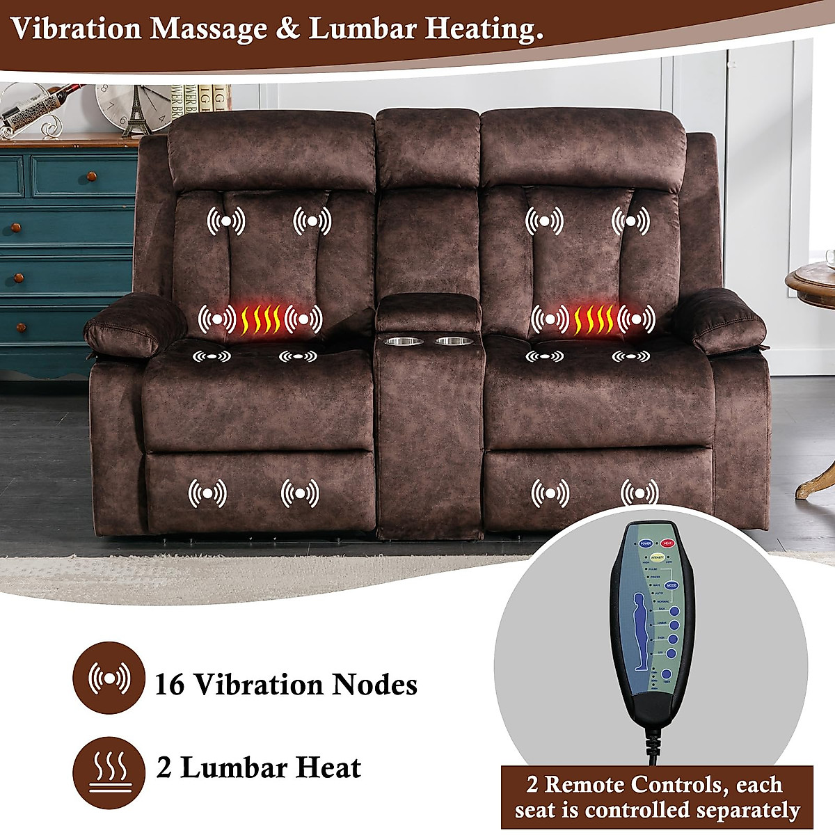 GUEAPY Fabric Reclining Loveseat, Power Reclining Loveseat with Console, Double Recliner Loveseat with Heat and Massage, Cup Holders, USB & Type-C Charge Ports for Living Room (Brown)