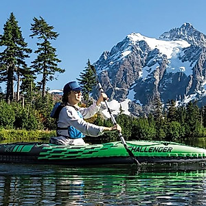 Intex Challenger K1 Kayak 1 Man Inflatable Canoe with Aluminum Oars and Hand Pump, Green/Blue