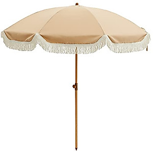 Kbrellaoutlets 7ft Patio Umbrella, UV 50+ Protection, Beach Umbrellas for Sand with Fringe, Wood Grain Aluminum Pole, 8 Ribs, Push Button Tilt, Garden Pool, Brown