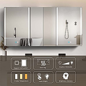 OgonbrickMedicine Cabinets 60 X 30 LED Lighted Bathroom Medicine Cabinet Four Doors Surface Wall Mounted with Anti-fogger 3 Color Lights Dimmable Brightness Big Modern Medicine Cabinet Black