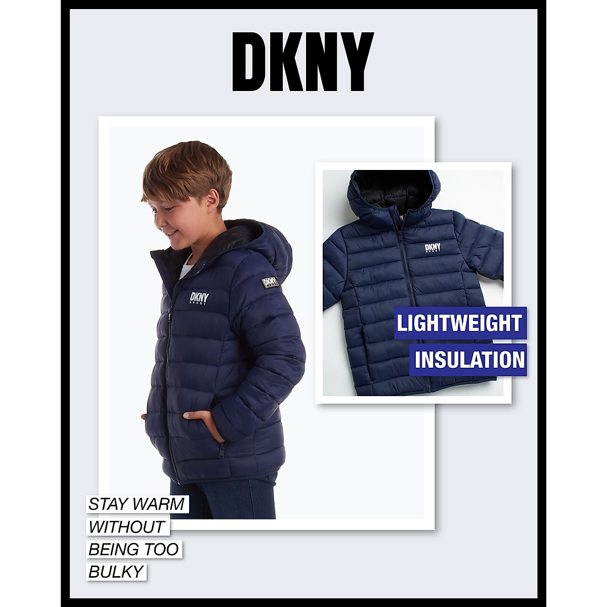 DKNY Boys Jacket – Midweight Insulated Quilted Outerwear Parka Puffer Coat – Water Resistant Boys Winter Hooded Jacket (8-20), Size 14-16, Navy Blue