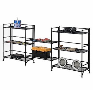 Convenience Concepts Xtra Storage 3 Tier Wide Folding Metal Shelves with Set of 2 Extension Shelves - Organizer for Living Room, Office, Bedroom, Garage, Kitchen, Bathroom, Black
