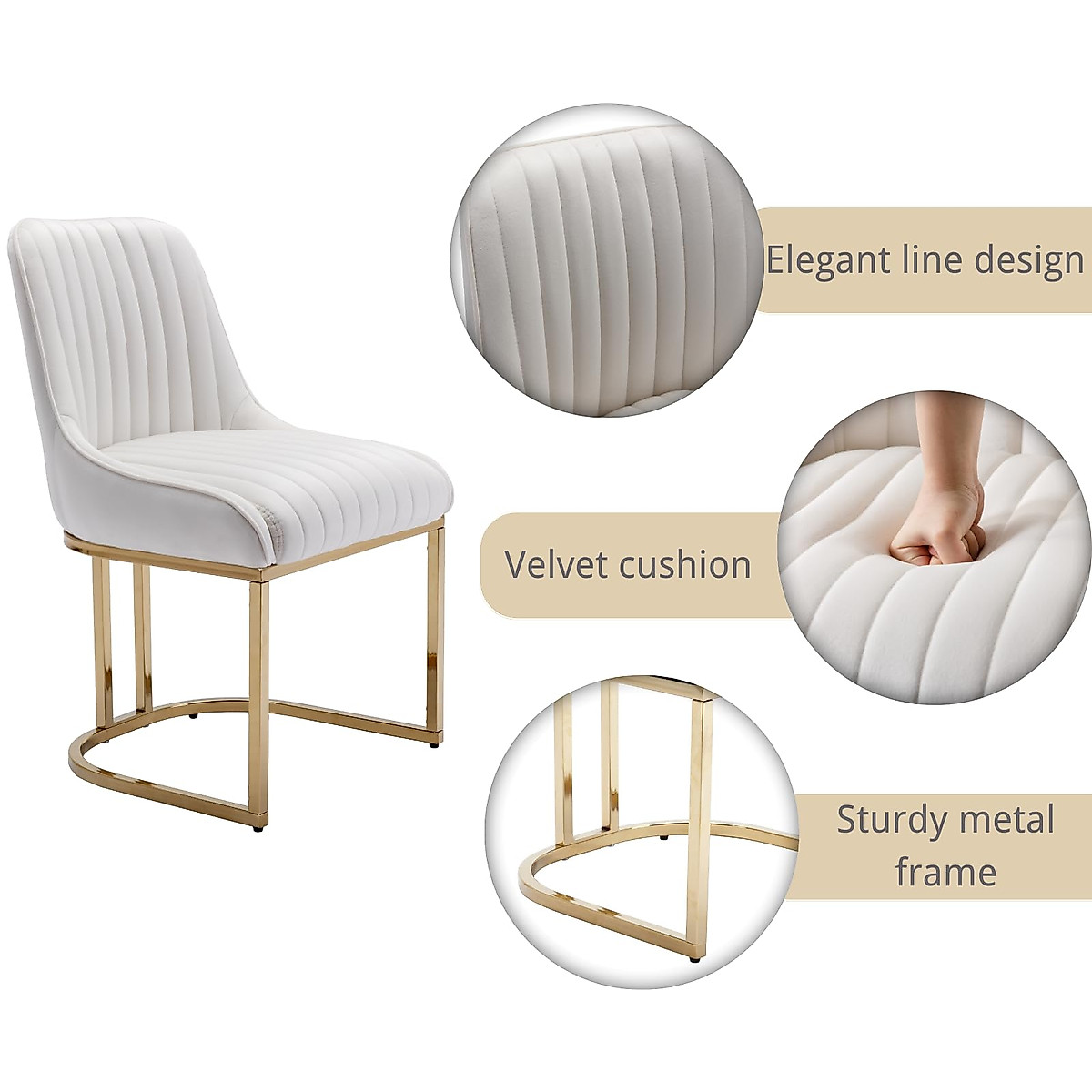 EALSON Velvet Upholstered Dining Chairs Set of 2 Modern Accent Dining Room Chairs with Gold Metal Base Comfy Padded Kitchen Chairs Armless Side Chairs for Kitchen Dining Room, Cream