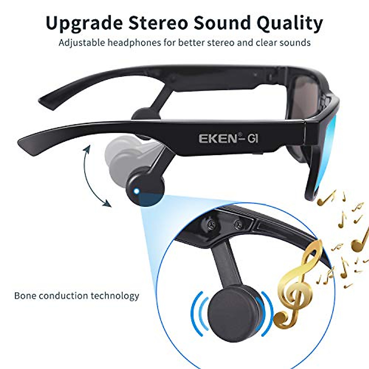 EKEN Bone Conduction Sunglasses - Bluetooth Headphones Smart Audio Glasses Wireless Open Ear with Microphone Answer Phone call for Fishing Golf Hiking G1