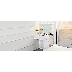 Likein Vanity Desk with Mirror and Lights, Makeup Vanity Desk with Lights, Modern Dressing Table with Charging Station 2 Drawers & Cabinet for Girls Women