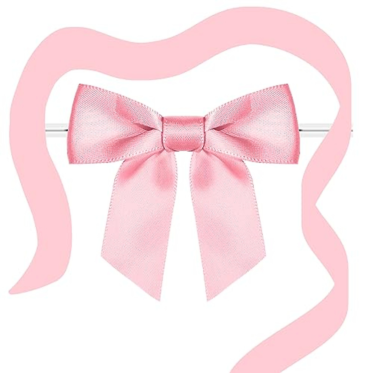 RainbowPana 60 Pack 3.5" Twist Tie Bows and 10ft Ribbon, Luxury Pink Satin Ribbon Pretied Bows, Premade Craft Decoration for Package Cake Pop Favors Cookie, Gift Wrapping Baby Shower Wedding