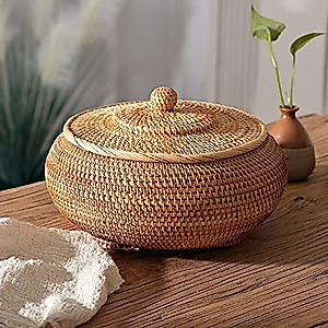 KODENG Round Rattan Boxes with Lid Hand-Woven Multi-Purpose Wicker Tray 11 Inch Picnic Food Bread Table Storage Basket (28x13cm)