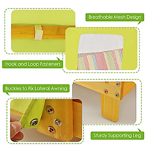 Costzon Kids Chaise Lounge, Double Seat Patio Chair w/Canopy, Cup Holders, Cushion, Breathable Mesh, Backrest Recliner, Children Outdoor Wood Furniture Gift for Boy Girl 3-8 Year Old, Kids Beach Chair