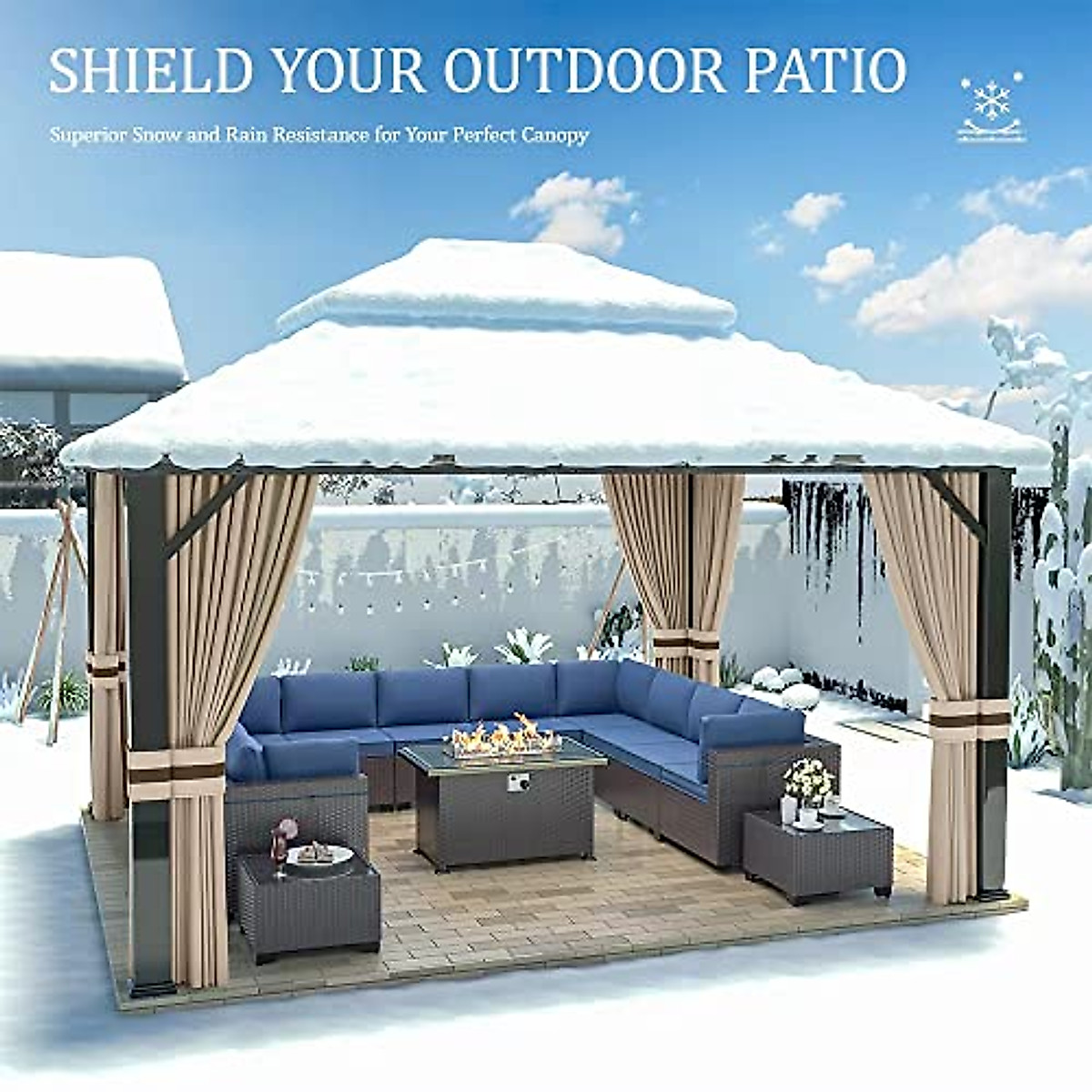 RTDTD 12’x14’ Hardtop Gazebo Outdoor Aluminum Frame Permanent Gazebo Galvanized Steel Double Roof Gazebo with Nettings and Curtains for Patio, Lawns,Backyard, Deck(Brown)