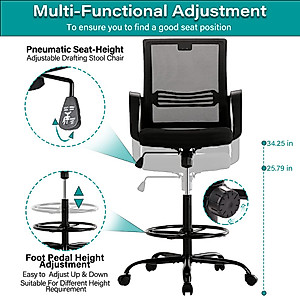 Tall Office Chair for Standing Desk - Comfortable Drafting Chairs with Armrest Adjustable Foot Ring Ergonomic Mesh Mid-Back Desk Chair - Deep Black