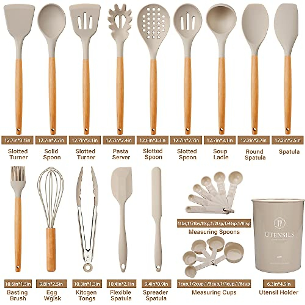 NCUE Kitchen Utensils Set with Holder, 26 pcs BPA Free Non-stick, Wooden Handle Heat Resistance Silicone Spatula Spoon Kitchen Gadgets Cooking Utensils Set (Khaki)