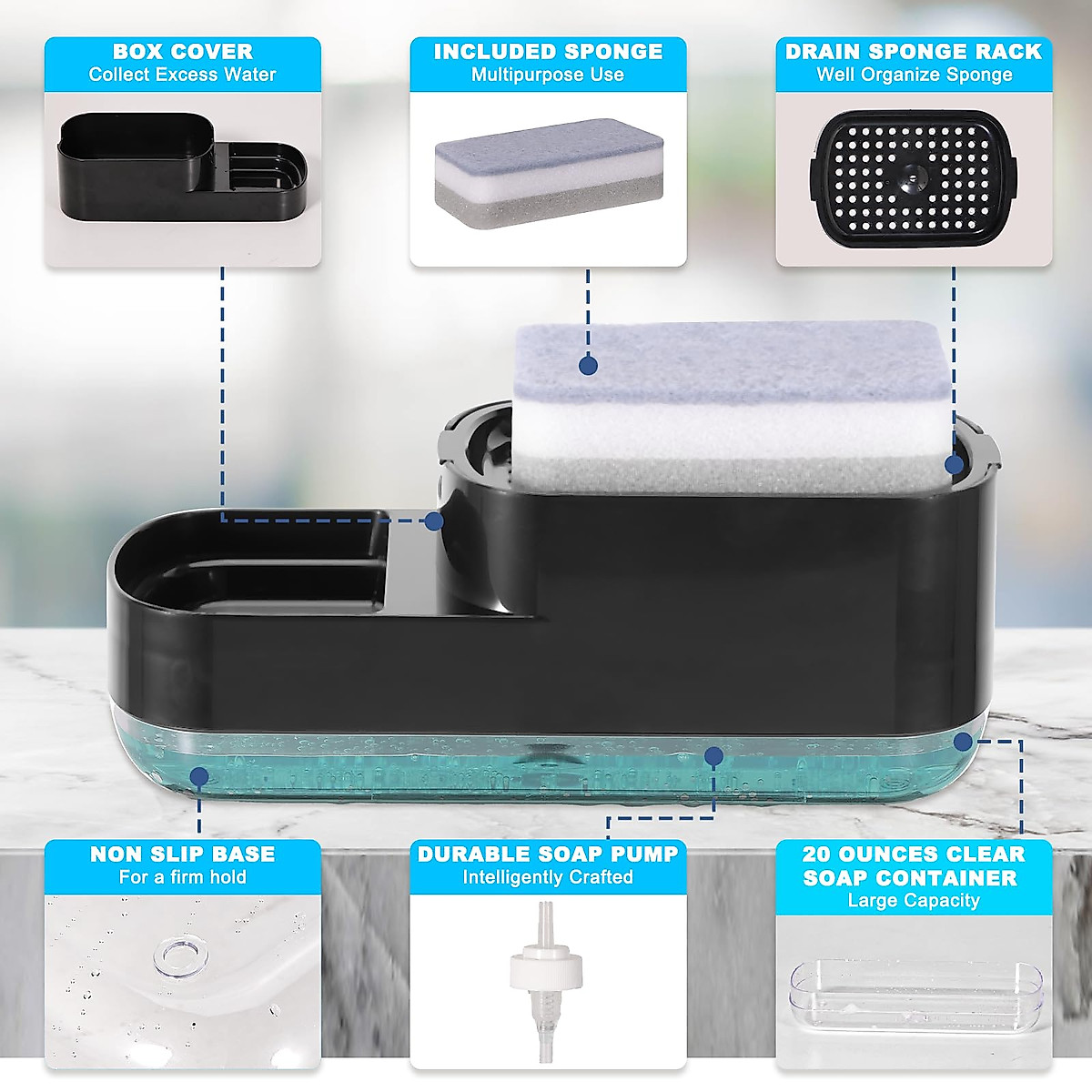 Obsoorth 20 Ounces Dish Soap Dispenser for Kitchen Sink with Sponge Holder 3 in 1 Easy Refill Dishwashing Caddy Liquid Detergent Pump Organizer on Bathroom Counter, Black