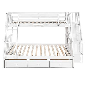 BIADNBZ Twin-Over-Full Bunk Bed with 3 Drawers, Storage Staircase and Ladder, Convertible 2 in 1 Wood Bedframe for Bedroom, Dorm, for Teens, Adults, White