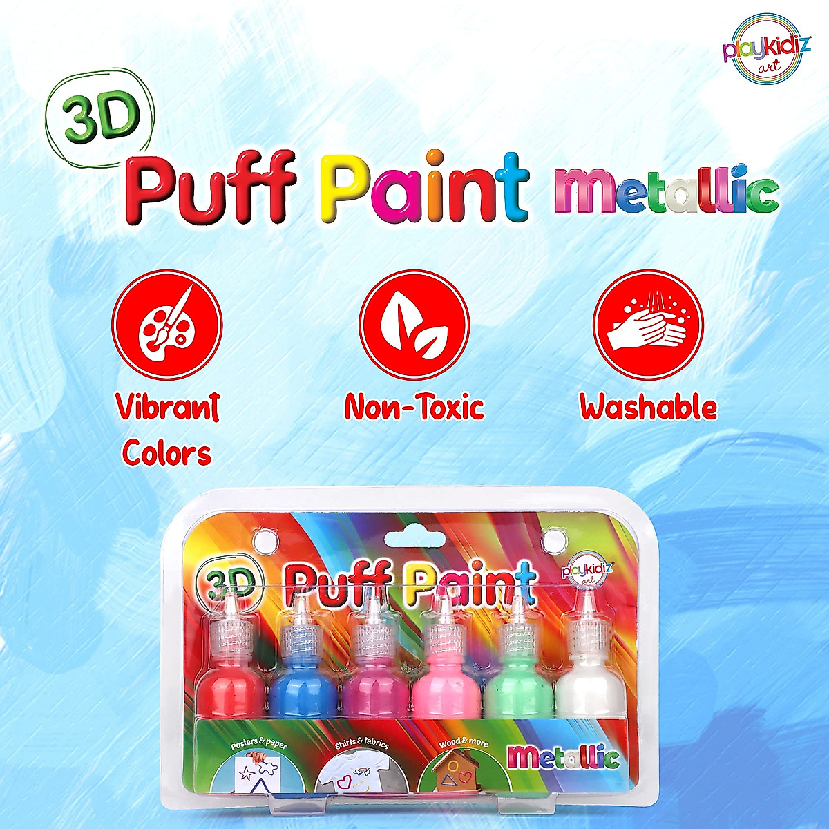 Playkidiz Puff Paint, 6 Pack 3-D Fabric Paint, Metallic Colors, Permanent Non-toxic Paint Set for Kids, Ages 3+