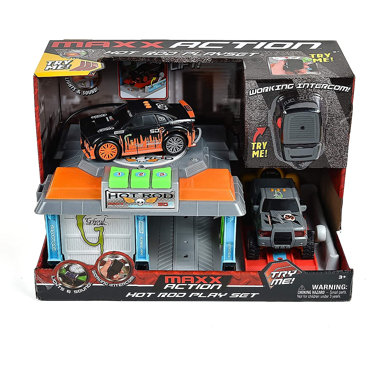 Hot Rod Garage - Lights and Sounds Toy Set for Kids | Working Intercom with Open and Close Parking Garage and Vehicle Lift | Playset Includes Pick Up Truck and Sports Car with Friction Motor
