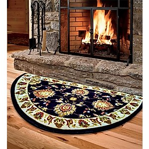 Cozy Floor Mats Fireplace Hearth Rug, Low Profile, Black Red, Half Circle, Fire Heat Resistant Mat, Half Moon Shape, Non Slip Kitchen Rug, Cabin Cottage Lodge,Traditional Design (2'2"x 3'3")… (Black)
