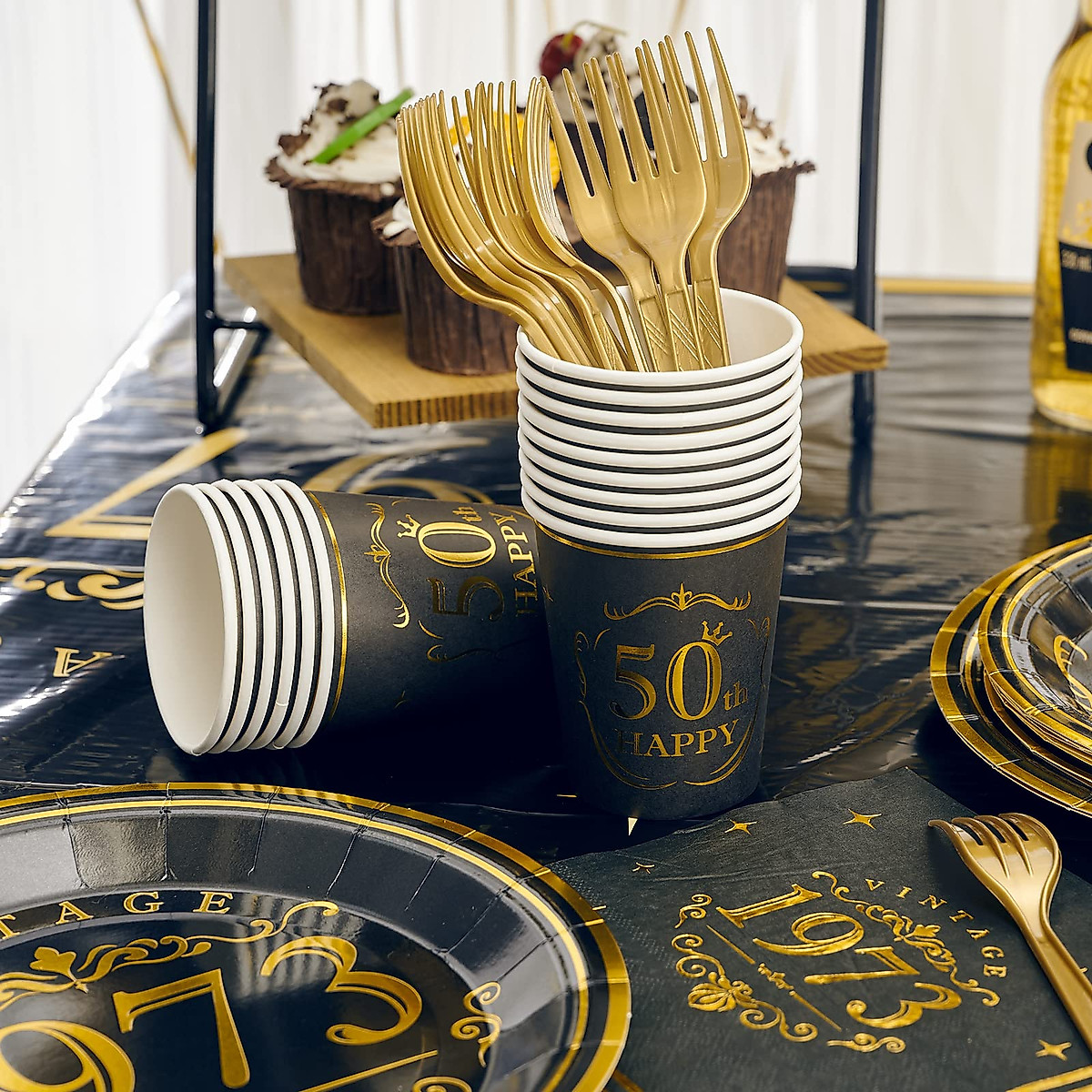 50th Birthday Party 122 PCS Plates Forks Cups Napkins and Tablecloths - Disposable Paper Dinnerware Set Women Men Vintage 1973 Party 50 Years Old Retirement Party Tableware Serves 24 Guests