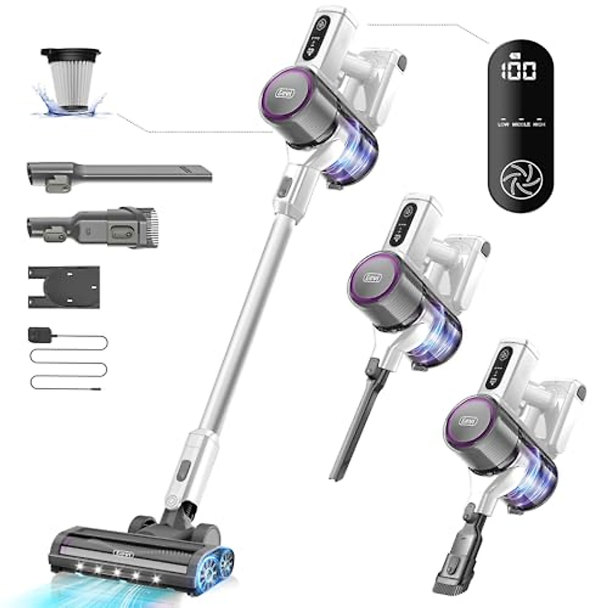 Cordless Vacuum Cleaner for Home | 400W Powerful Stick Vacuum | Long Runtime Detachable Battery | LED Display | Deep Clean for Hard Floor Carpet (White-Purple)