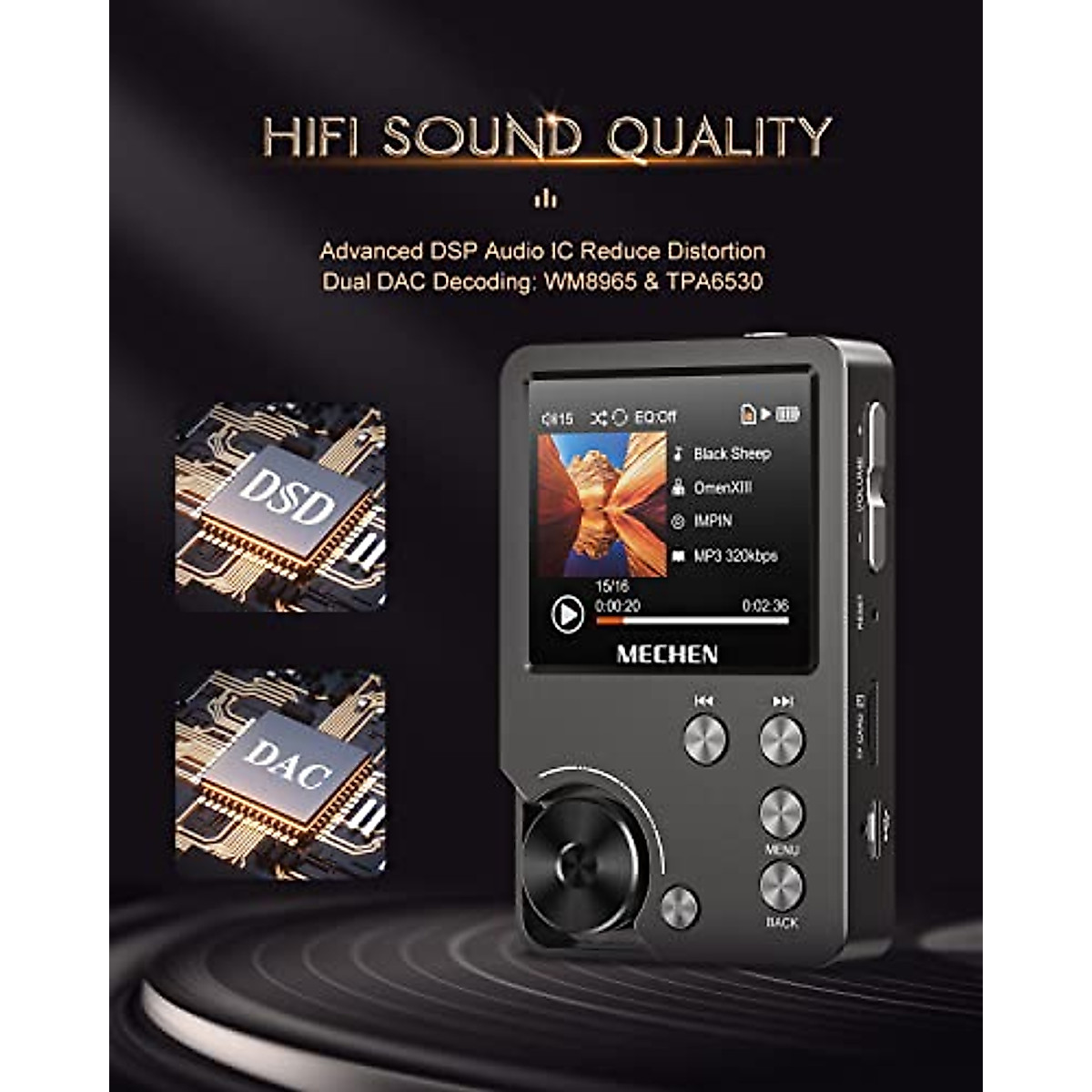 MP3 Player, MECHEN Lossless DSD High Resolution Portable Digital Audio Music Player with 64GB Memory Card, HiFi Lossless Audio Player，Support up to 256GB