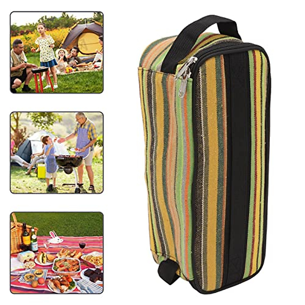 Camping Tableware Storage Bag, Thickened Canvas Green Stripe Camping Utensil Bag Double Handle for Travel