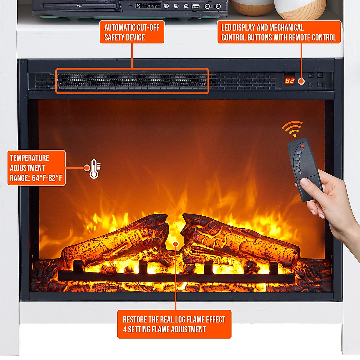 JXQTLINGMU Fireplace TV Stand for 80 Inch TV, Farmhouse Highboy Entertainment Center w/23'' Electric Fireplace & Cross Barn Door, Large TV Console for TVs Up to 80", 70 inches, White