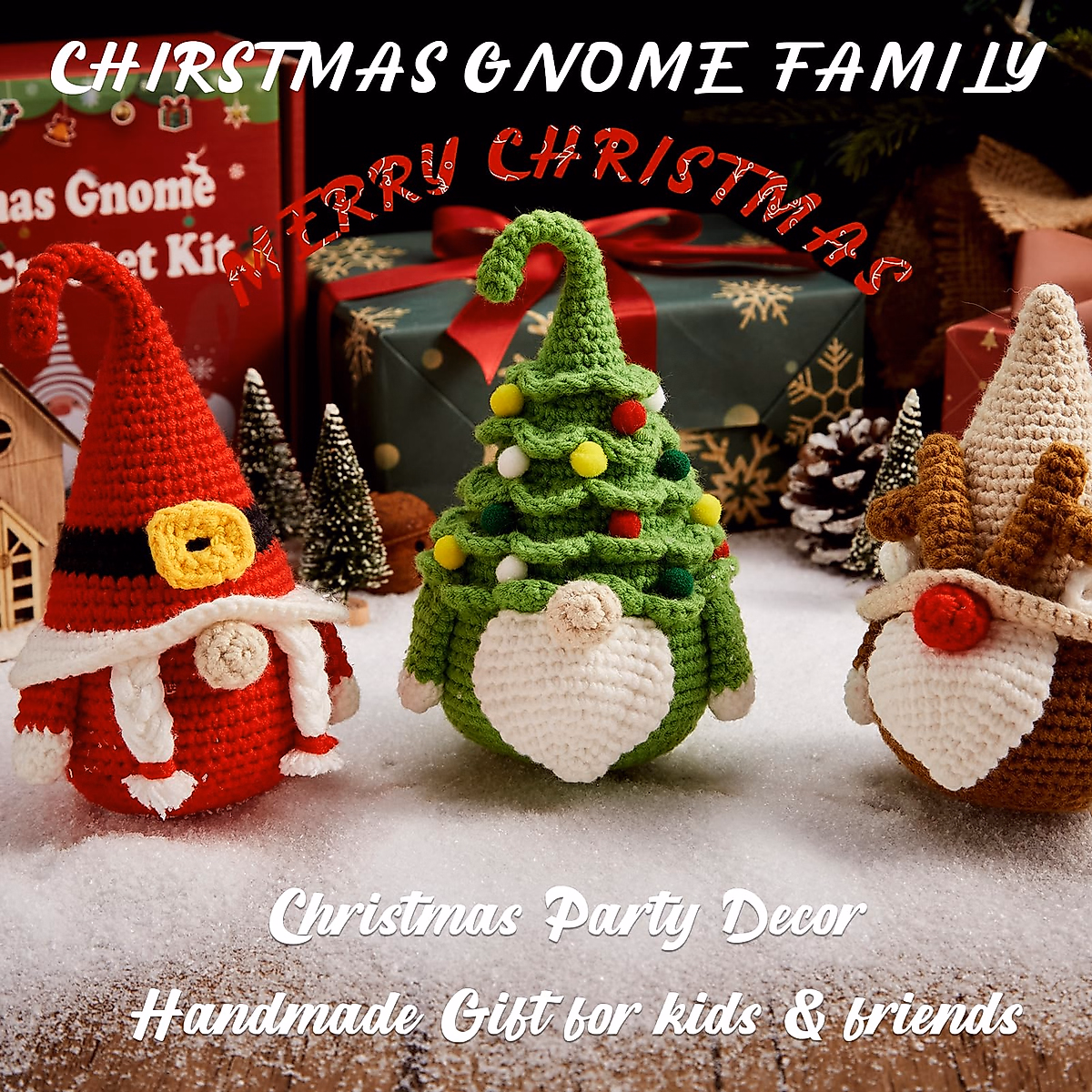 MAGIMUSE Christmas Crochet Kit for Beginners, Crochet Starter Kits for Adults Amigurumi Craft Knitting Crochet Animals Kits with Step-by-Step Video Tutorials, 3 Pack Gnome (40%+ Yarn)